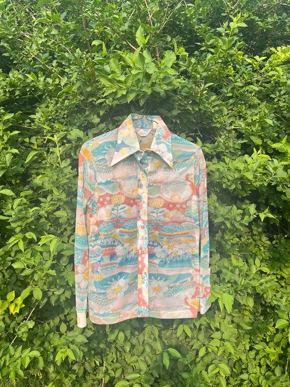 1970s JCPenney Fashions sheer novelty print long slee… - Gem