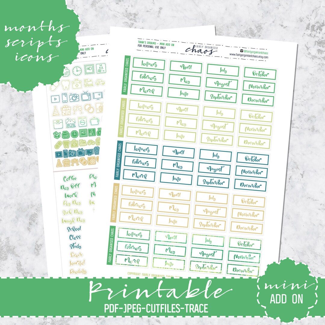 TIANA'S DREAMS Mini Add on Months, Scripts and Icons Planner Kit ...