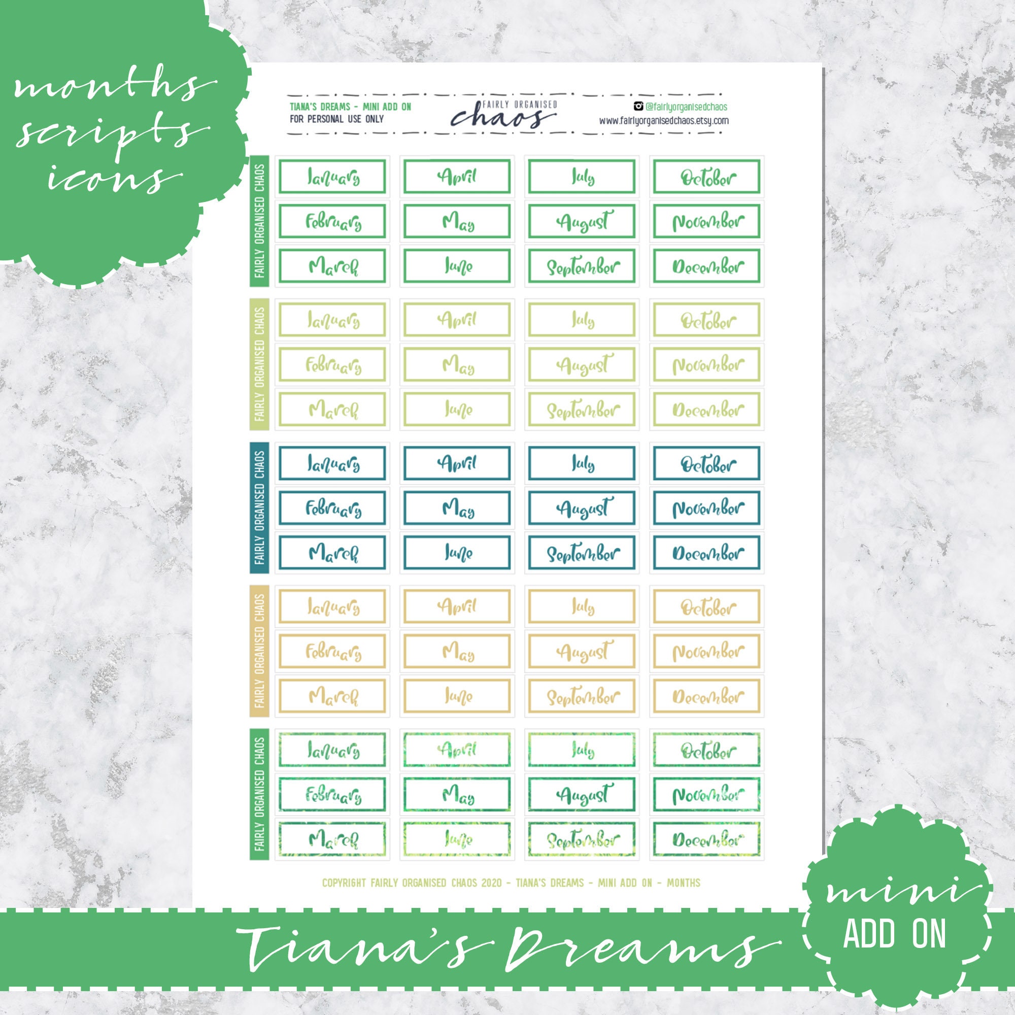 TIANA'S DREAMS Mini Add on Months, Scripts and Icons Planner Kit ...