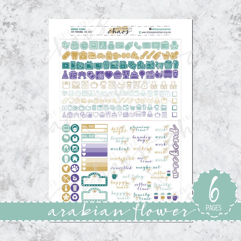 ARABIAN FLOWER Printable Sticker Kit 6 Page Weekly Kit Printable ...