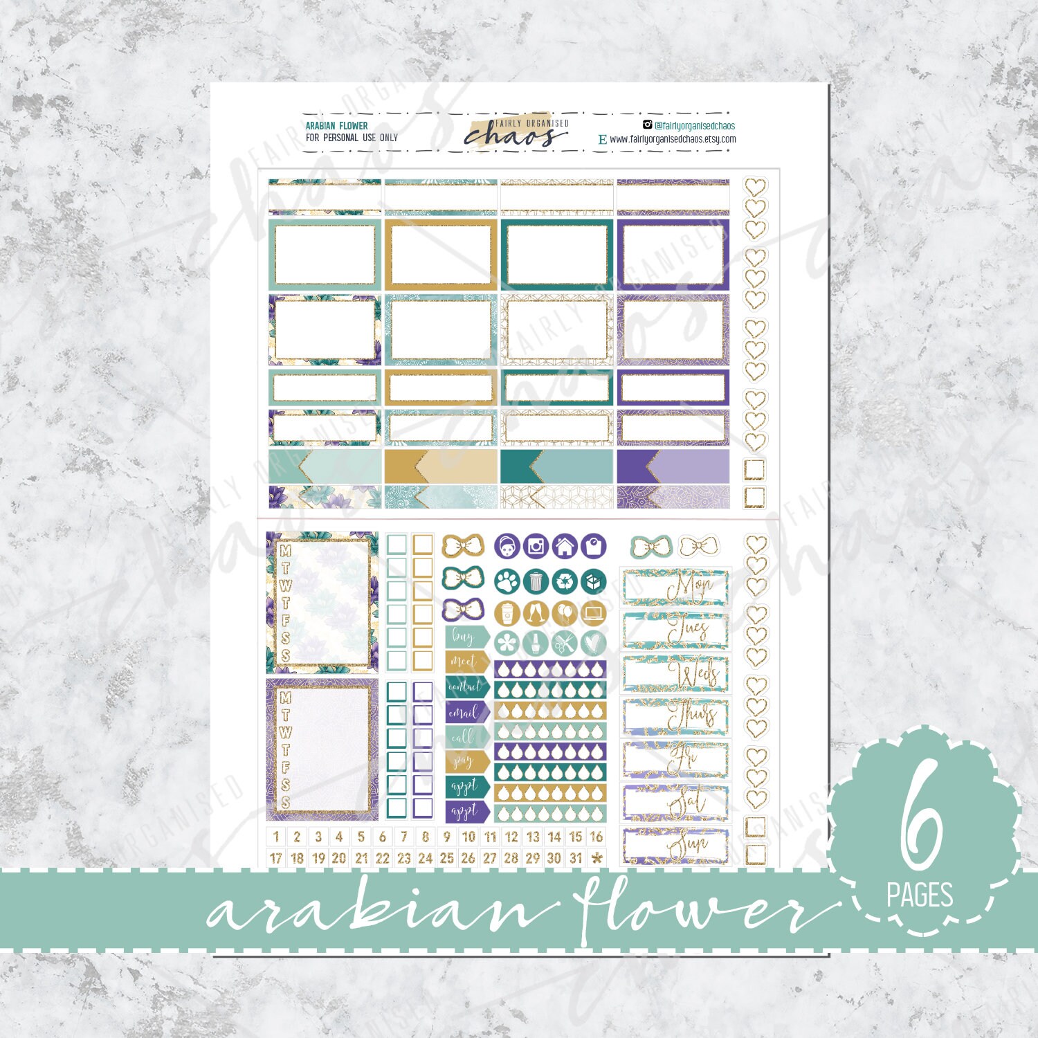 ARABIAN FLOWER Printable Sticker Kit 6 Page Weekly Kit Printable ...