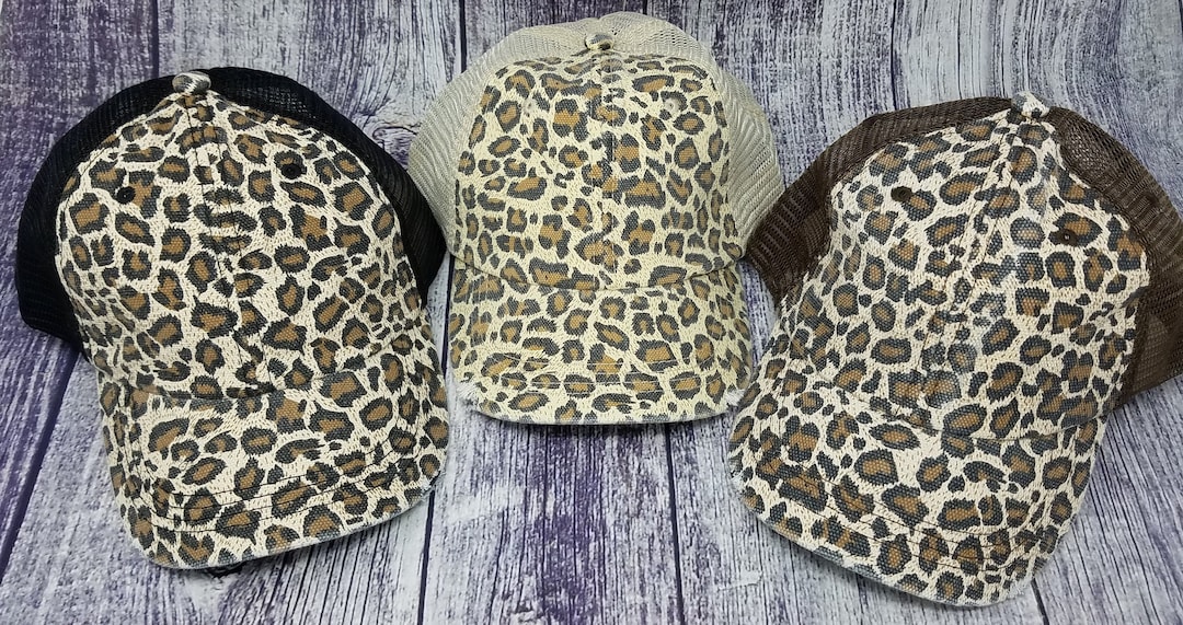 Distressed Leopard Trucker Hat Embroidered Monogrammed Cap Black Brown ...