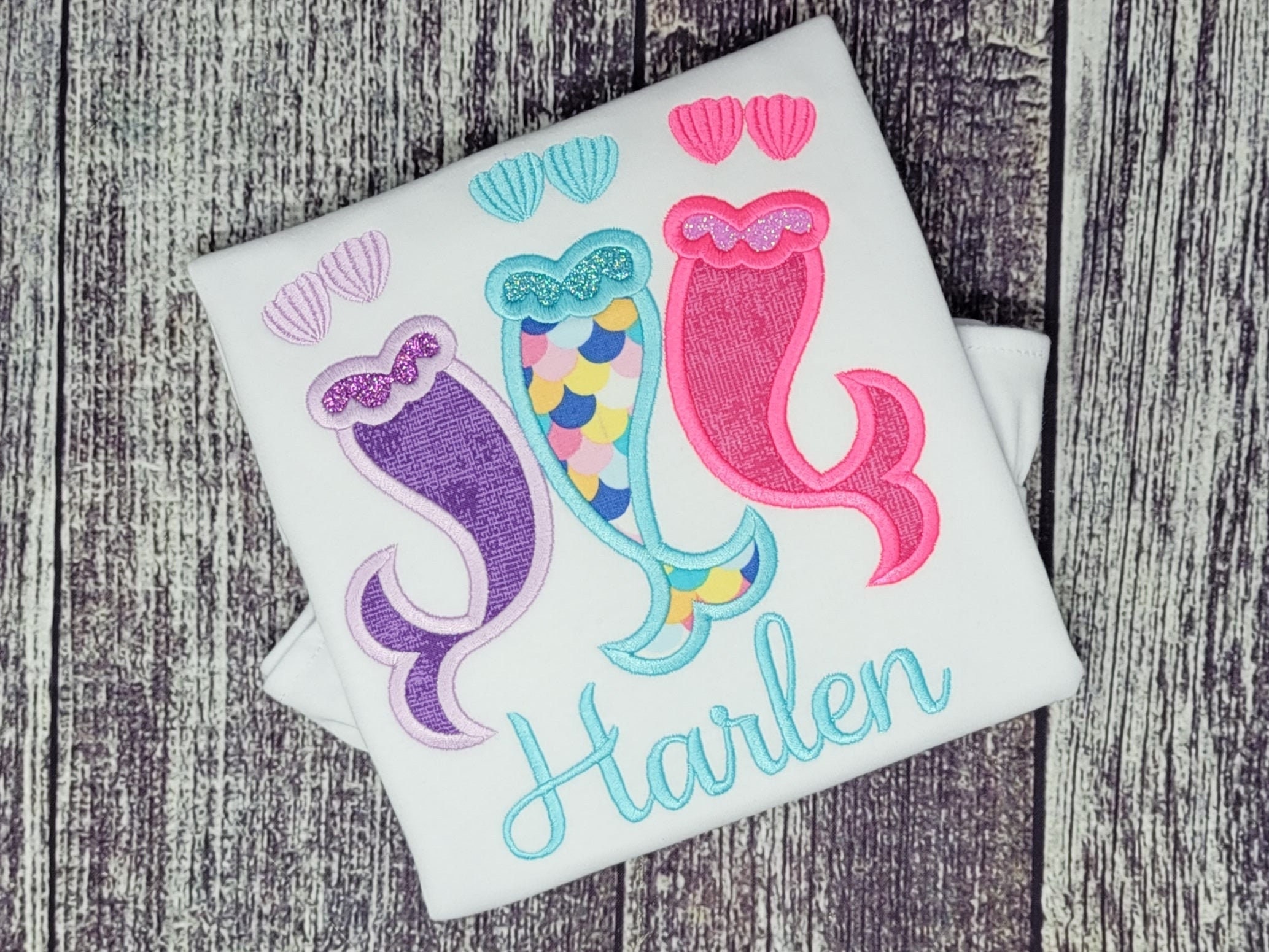 Mermaid Trio Shirt, Mermaid Tail, Sea Shells, Girls Embroidered Mermaid ...