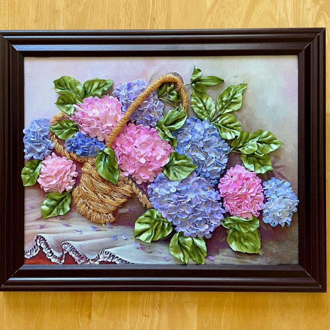 Basket of Hydrangeas, Ribbon Embroidery, 3D Wall Art, Framed Picture ...