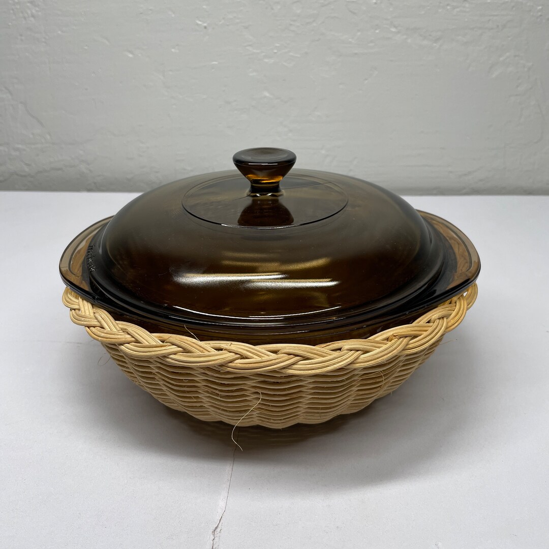 Vintage Pyrex Glass Amber 023 Baking Dish Lid Wicker Holder Round 1.5 ...