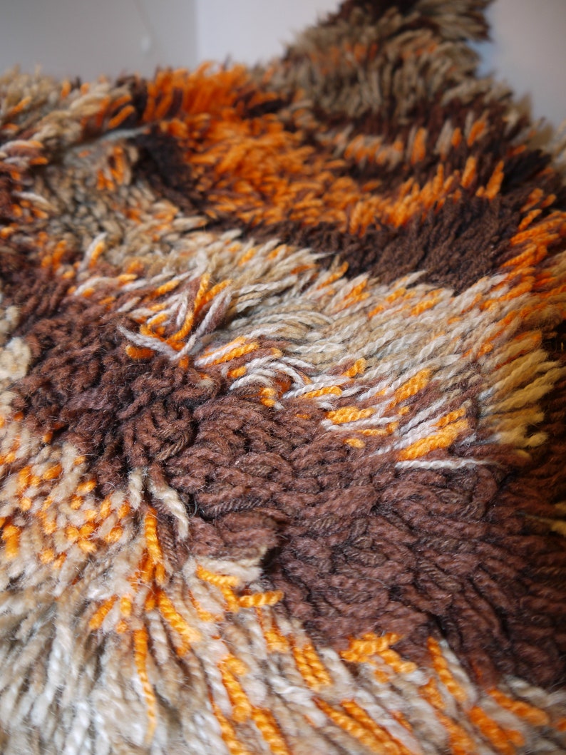 Scandinavian Rya Rug Shaggy Sweden Wool Brown Orange Fringes Retro 60s ...