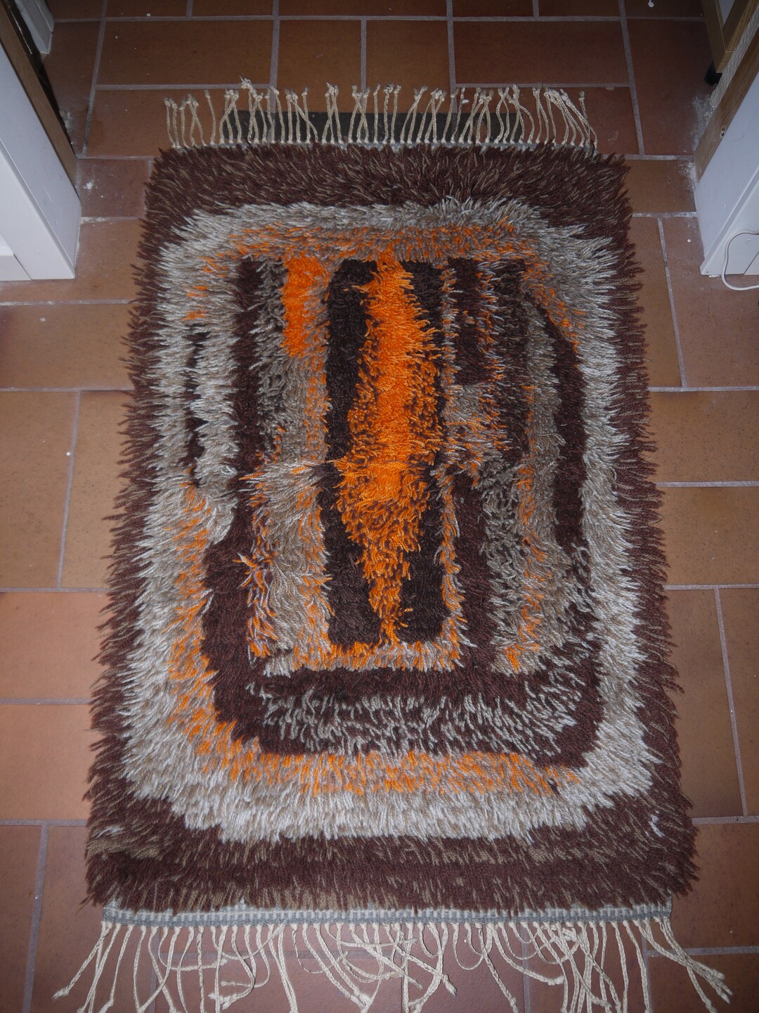 Scandinavian Rya Rug Shaggy Sweden Wool Brown Orange Fringes Retro 60s ...