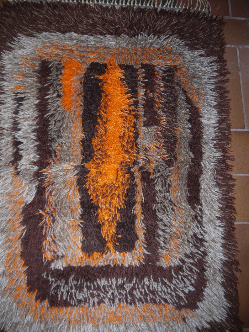 Scandinavian Rya Rug Shaggy Sweden Wool Brown Orange Fringes Retro 60s ...