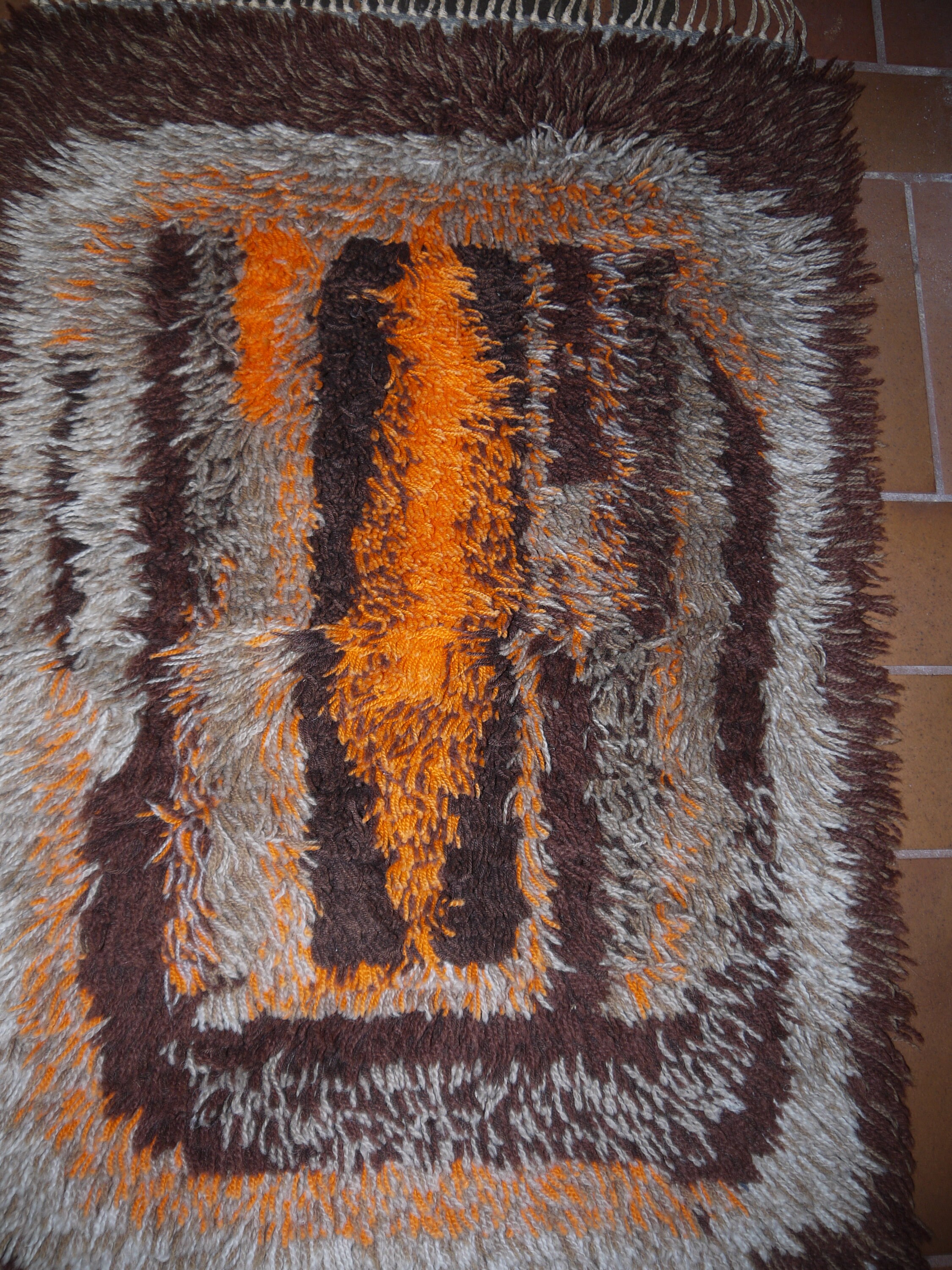 Scandinavian Rya Rug Shaggy Sweden Wool Brown Orange Fringes Retro 60s ...