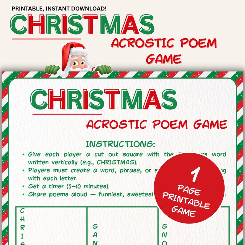 Christmas Acrostic Poem Game Printable, Holiday Writing Activity for ...