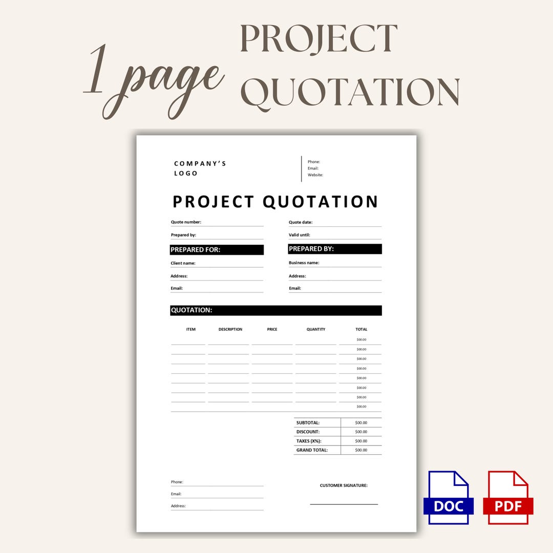 Project Quotation Template Word PDF, 1-page Quote Estimate Invoice ...