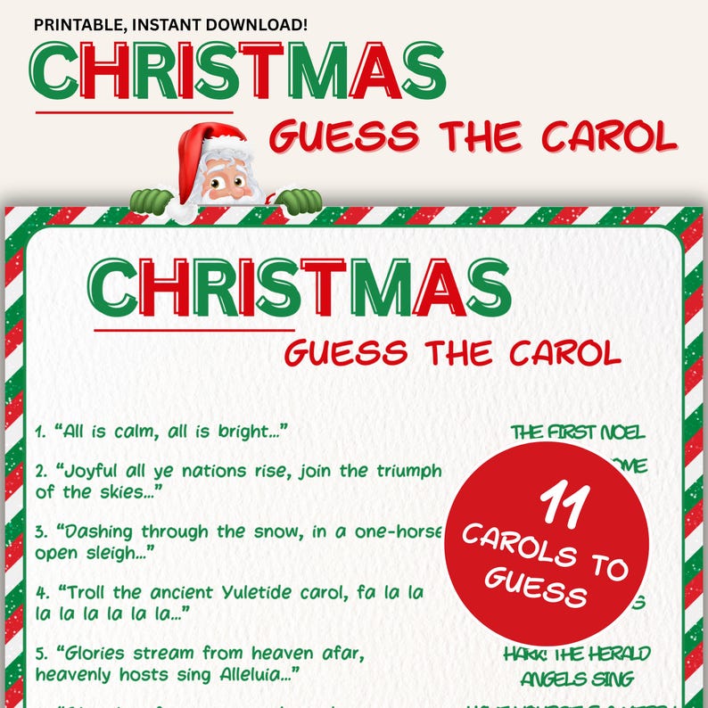 Guess the Christmas Carol Game Printable, Holiday Song Lyrics Quiz for ...