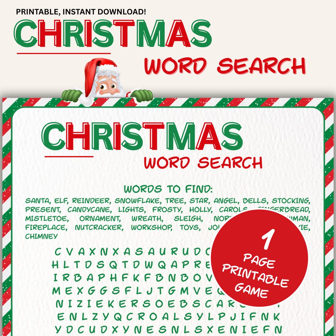Christmas Word Search Printable Game, Holiday Puzzle Activity for Kids ...