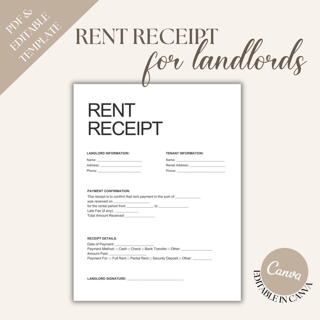 Landlord Rent Receipt Template, Tenant Rental Receipt PDF Canva ...