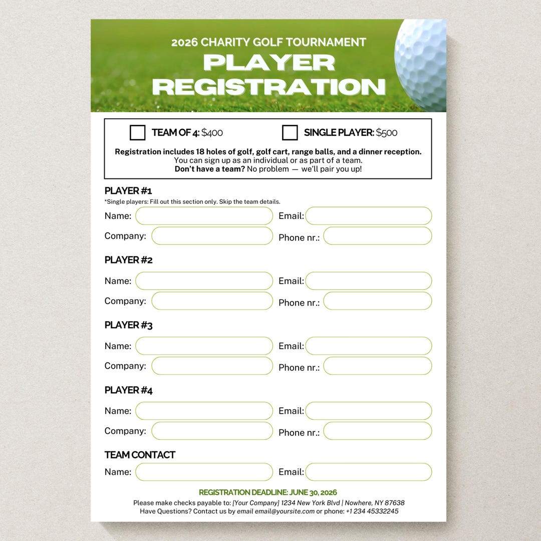 Golf Tournament Player Registration Form, Canva Template, Editable Sign ...