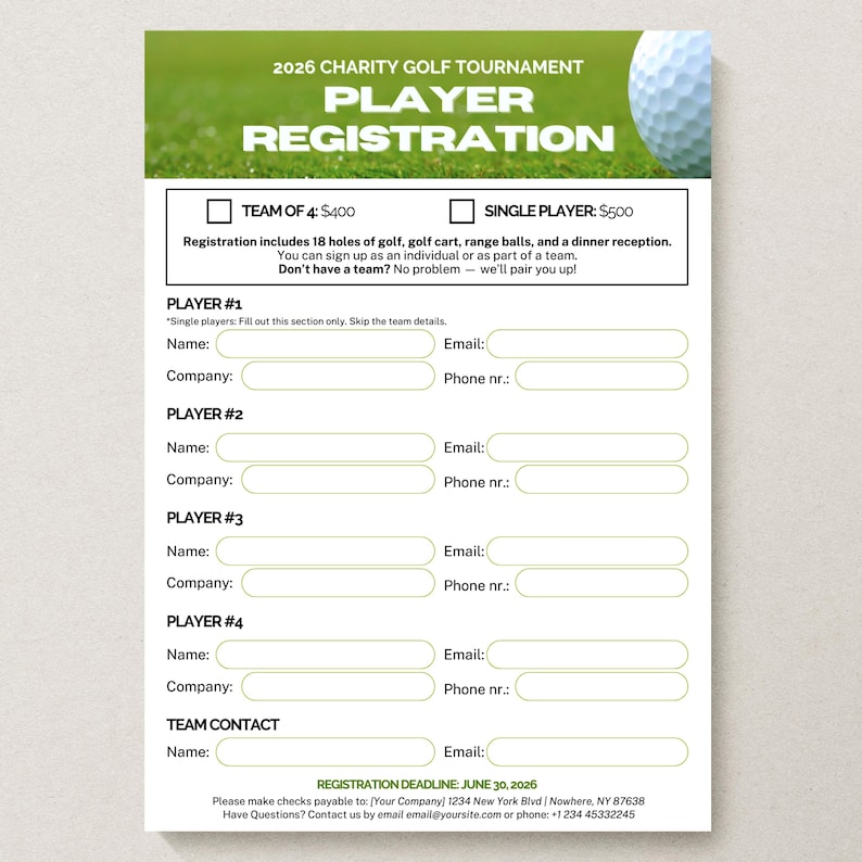 Golf Tournament Player Registration Form, Canva Template, Editable Sign ...