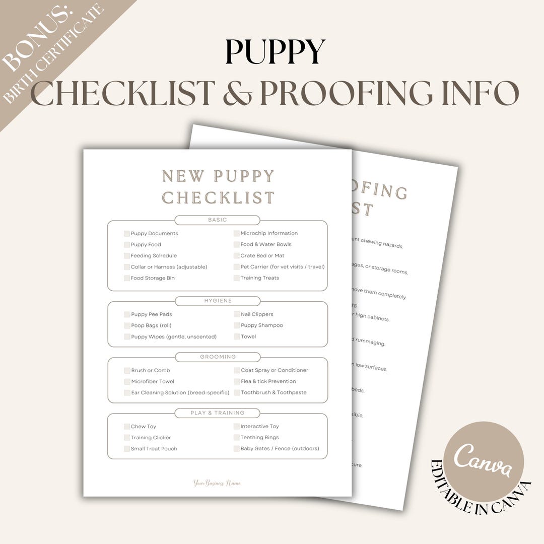 New Dog Checklist Template, Printable Puppy Starter Guide, Canva ...