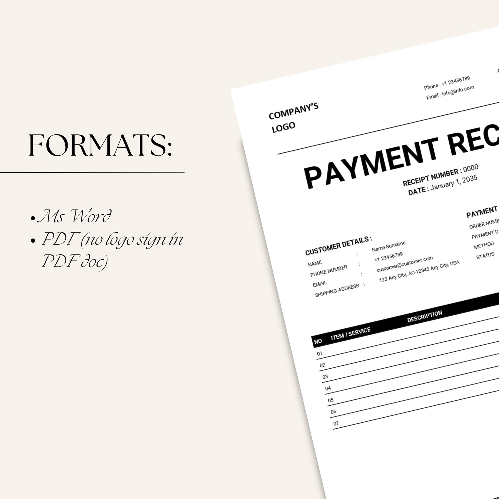 Editable Payment Receipt Template, Printable Rent Cash Payment Receipt ...