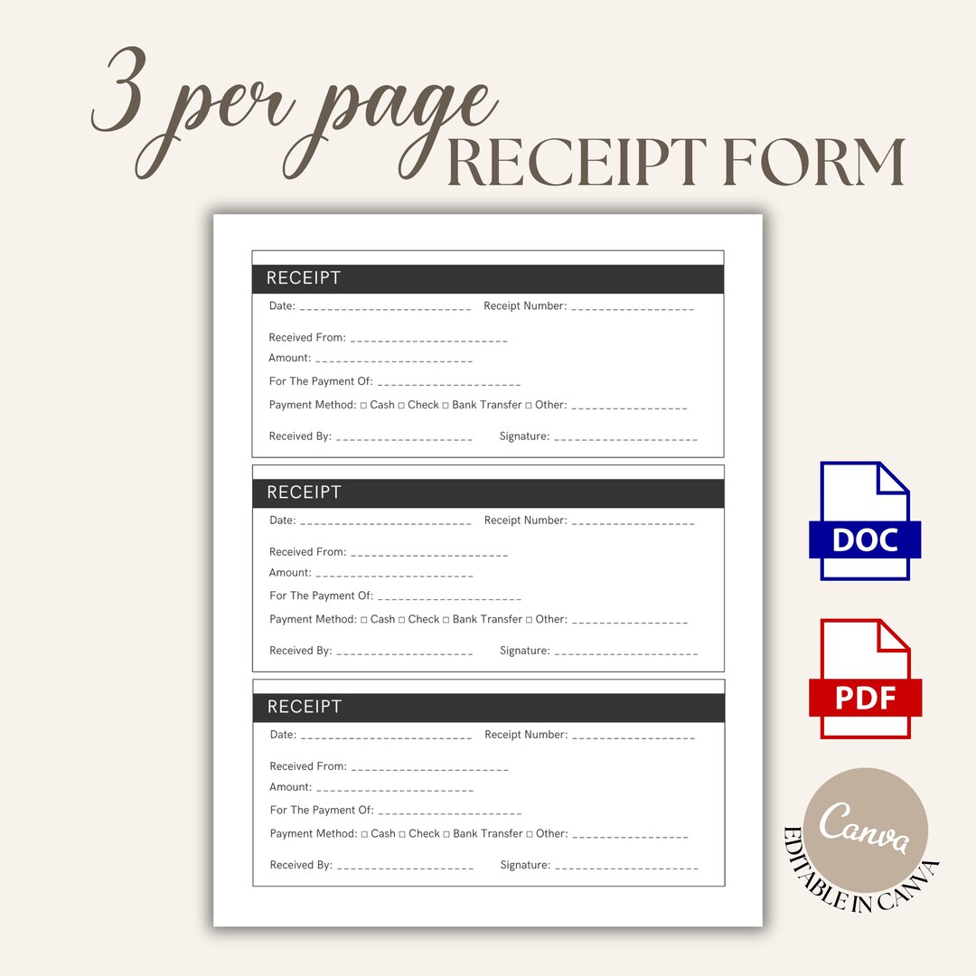 Simple Receipt Template 3 per Page, Black and White Customer Receipt ...