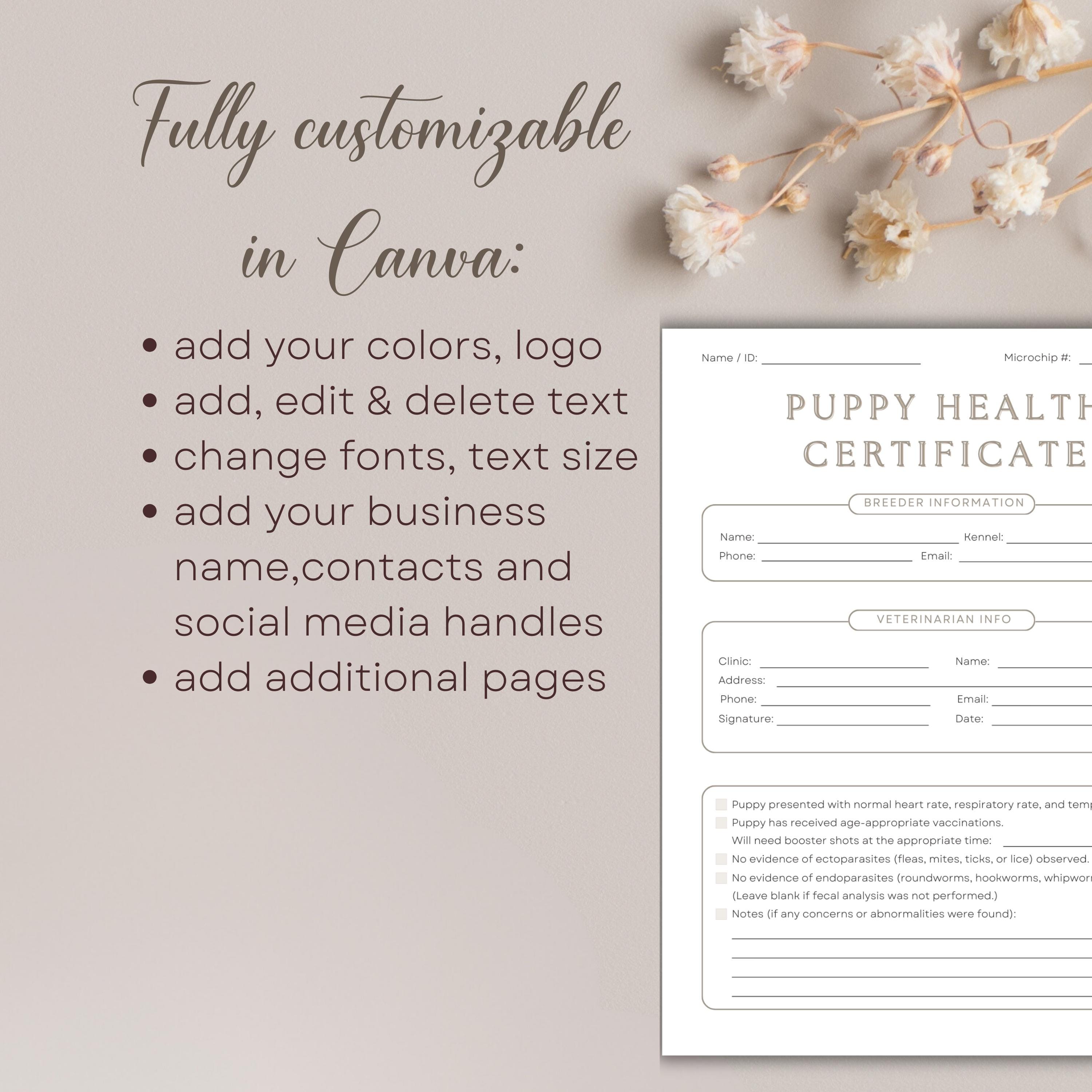 Editable Puppy Health Certificate, Dog Breeder Vet Info, Canva Template ...