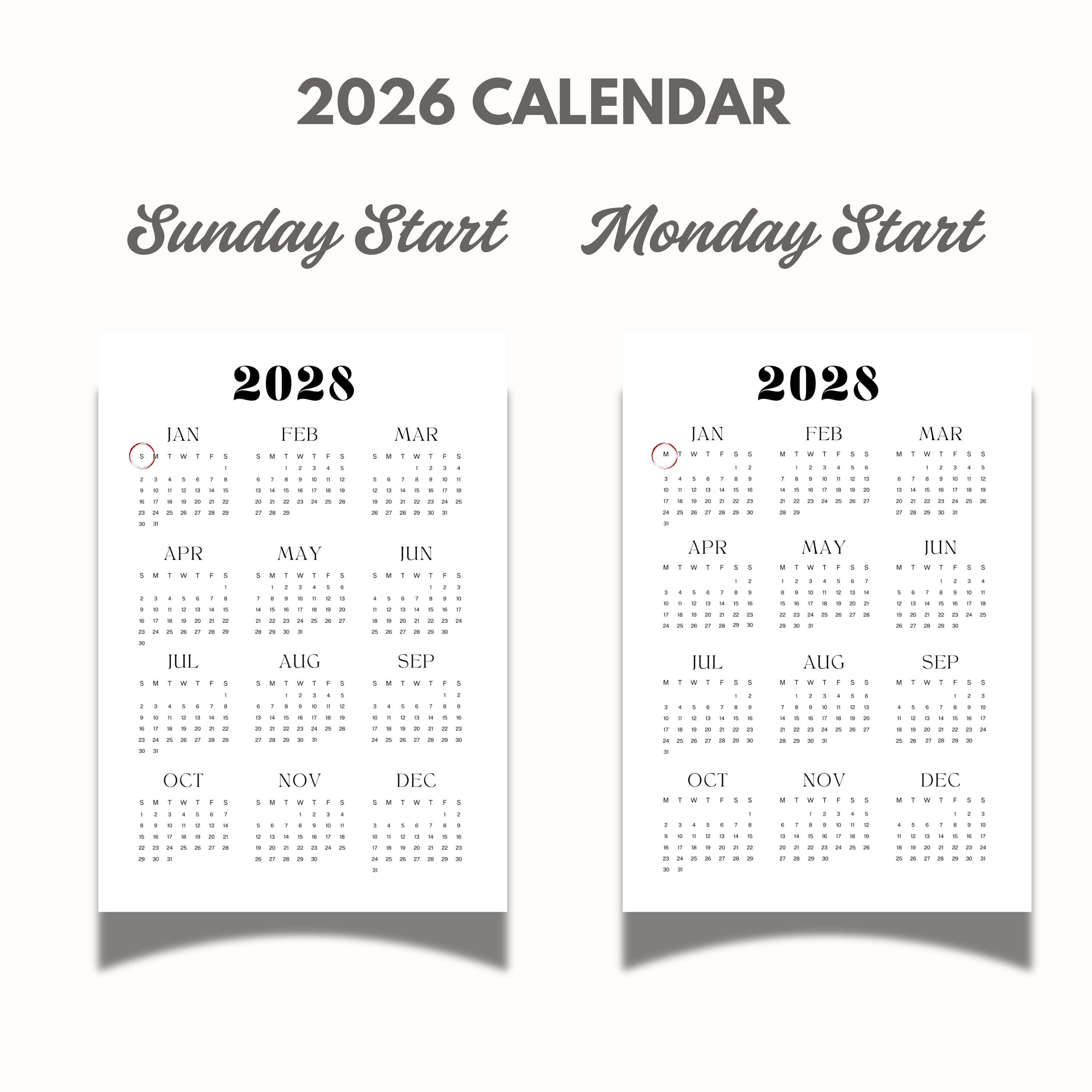 2028 Printable Calendar Minimalist, One Page Yearly Wall Calendar, A4 ...