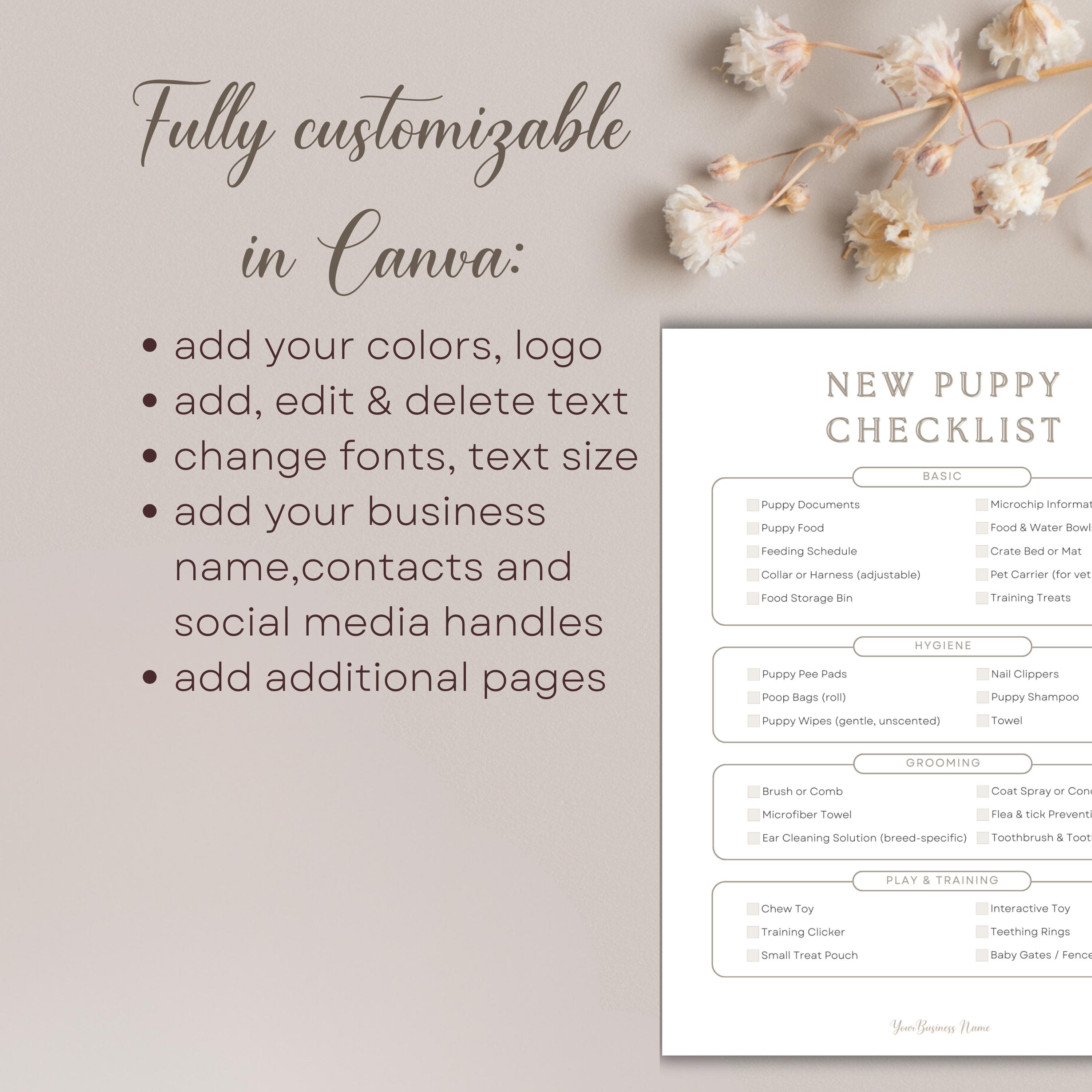 New Dog Checklist Template, Printable Puppy Starter Guide, Canva ...