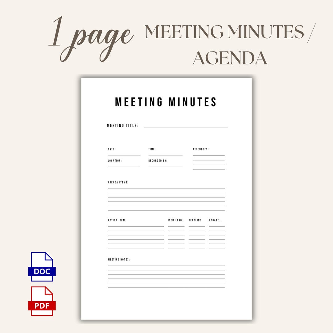 Meeting Minutes Word Template One Pager, Professional Business Meeting ...