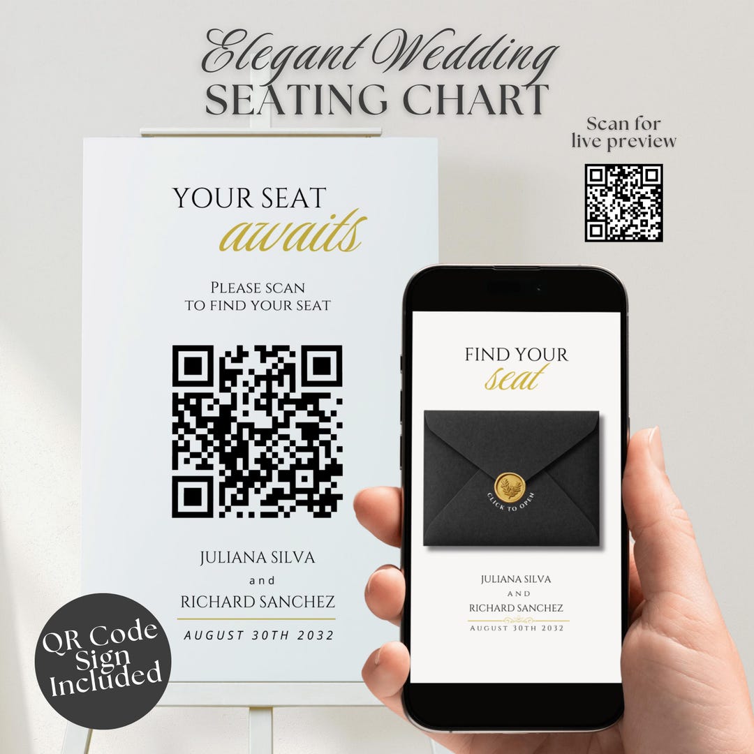 Black White Gold Wedding Seating Chart Digital QR Code Sign, Elegant ...