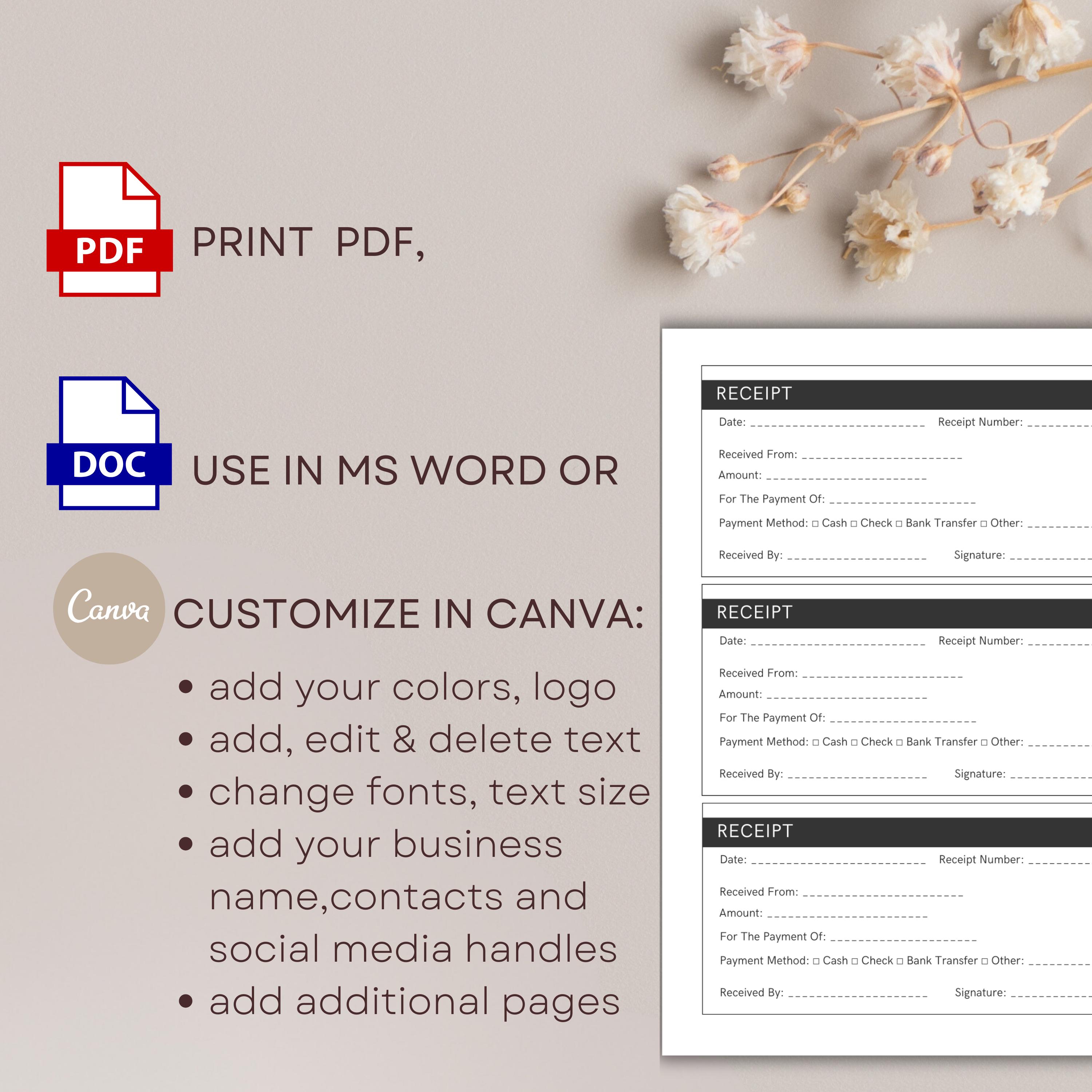 Simple Receipt Template 3 per Page, Black and White Customer Receipt ...