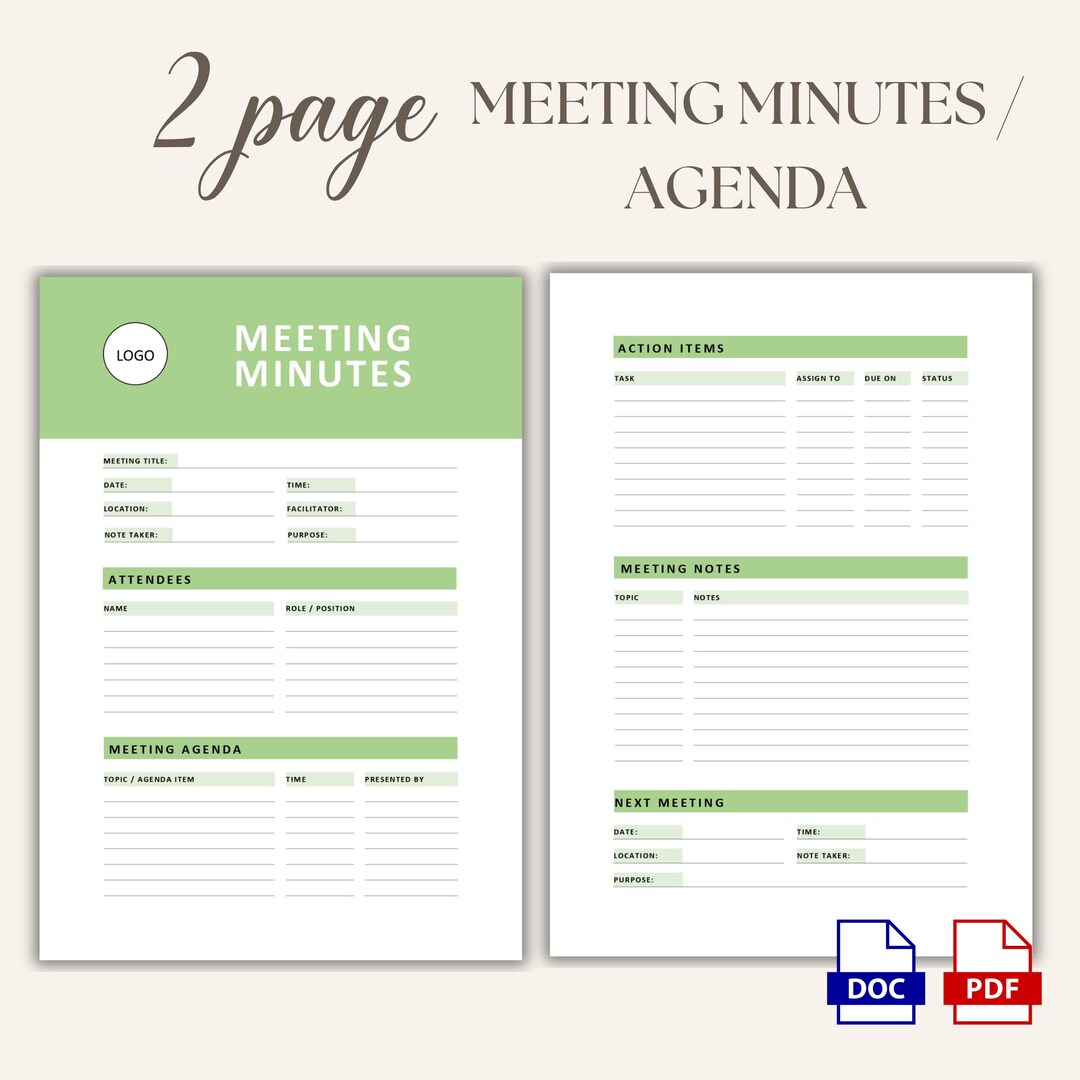Meeting Minutes Template Green, Meeting Agenda Printable, Meeting Notes ...