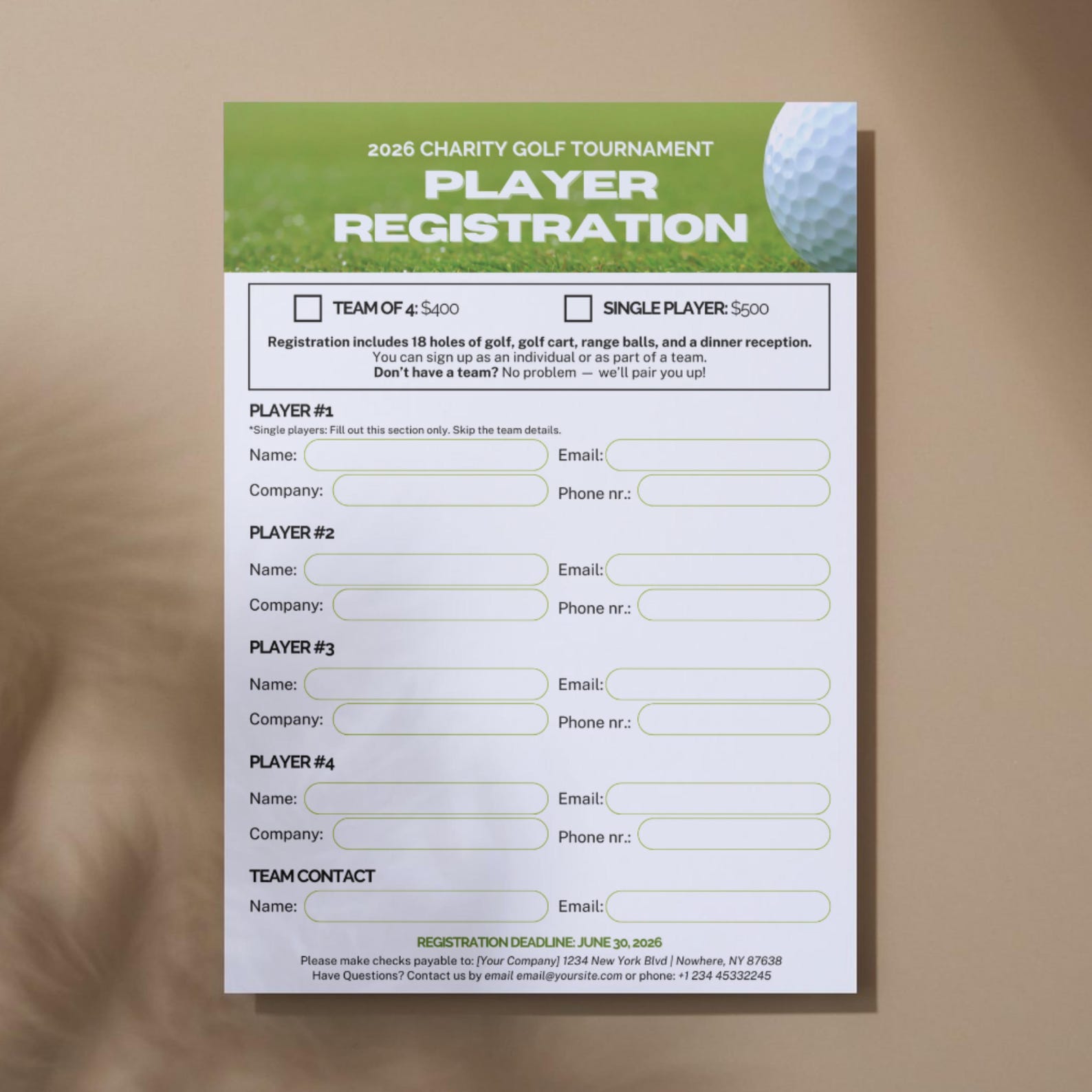 Golf Tournament Player Registration Form, Canva Template, Editable Sign ...