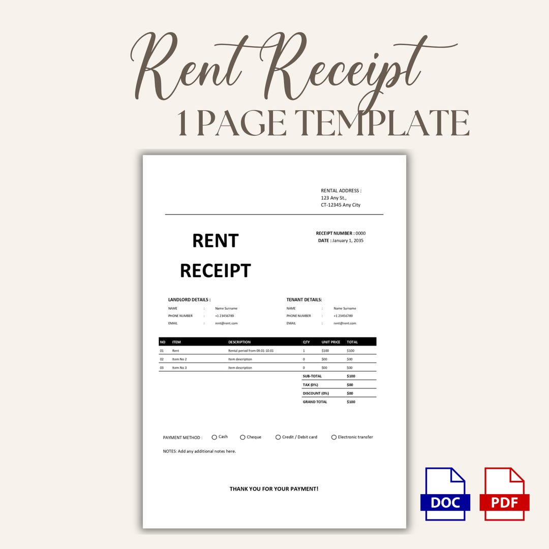 Rent Receipt Template, Editable Rent/cash Payment Doc Word PDF, Minimal Simple Landlord Tenant ...