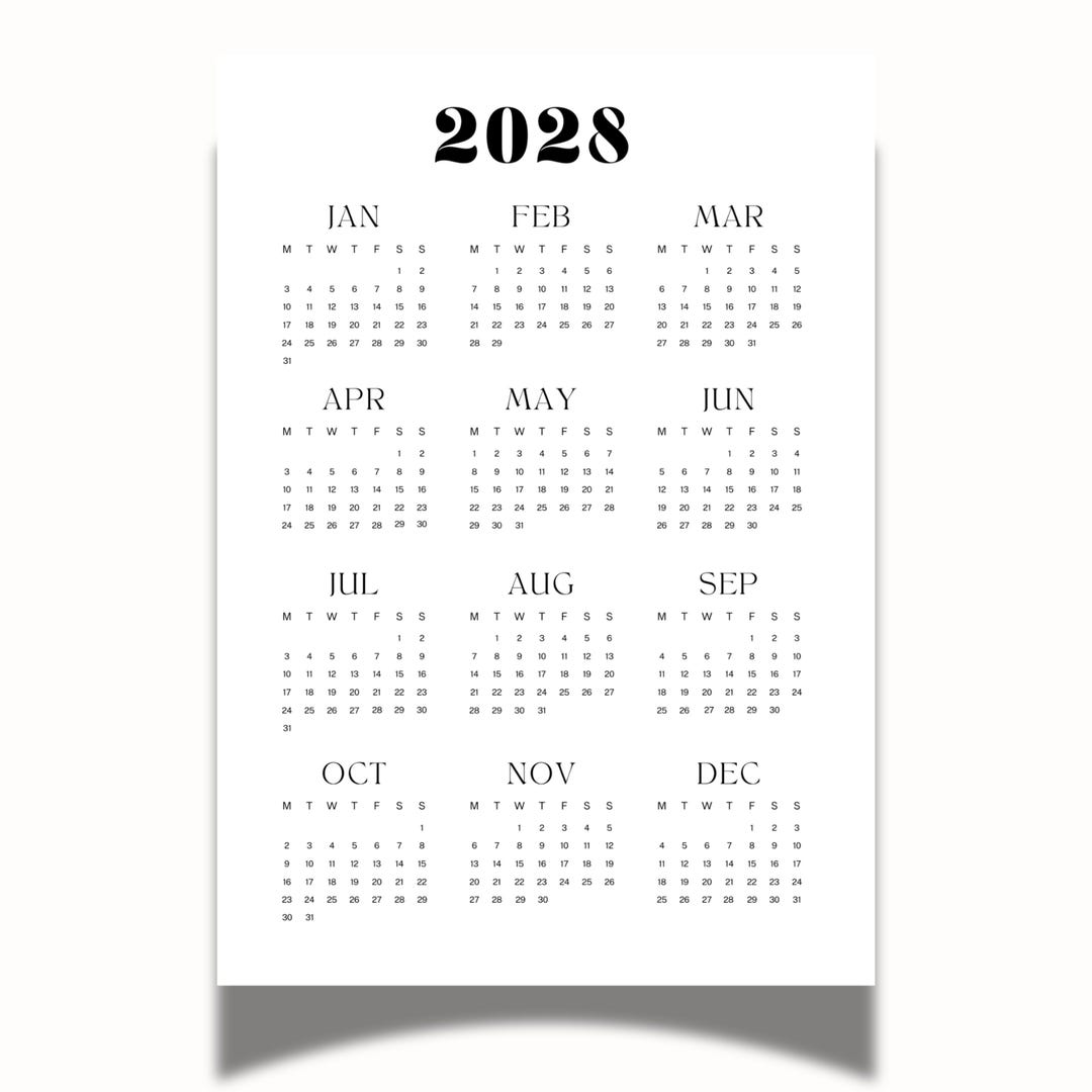 Minimalistyczny kalendarz ścienny do druku na rok 2028, jednostronicowy ...