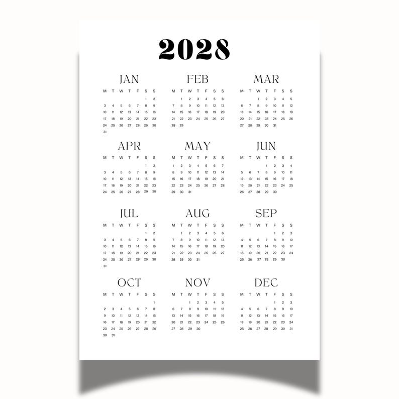 2028 Printable Calendar Minimalist, One Page Yearly Wall Calendar, A4 ...