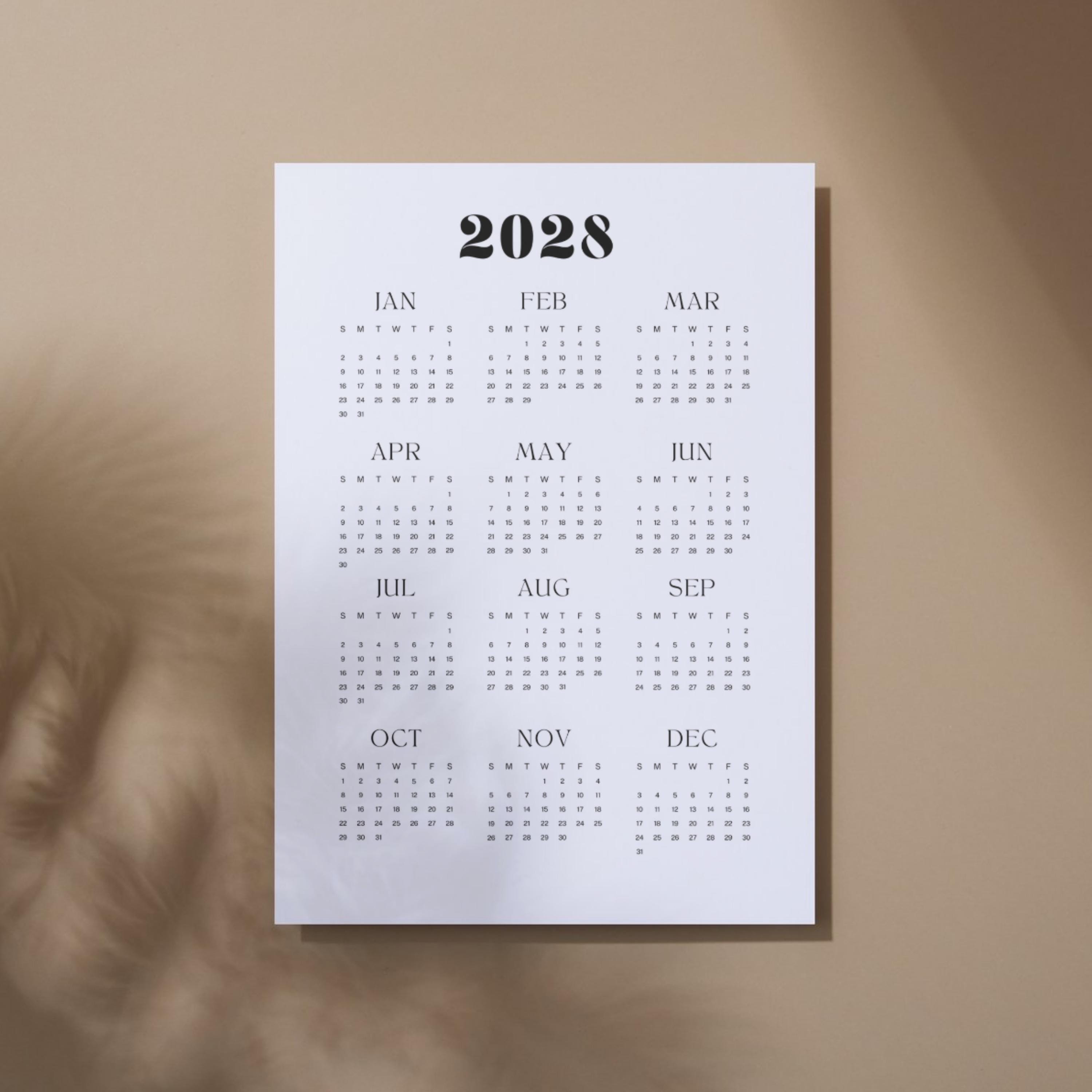 2028 Printable Calendar Minimalist, One Page Yearly Wall Calendar, A4 ...