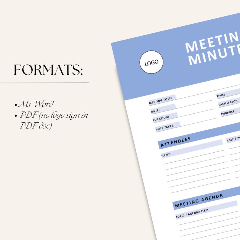 Professional Blue Meeting Notes Template, Editable Business Minute Form ...