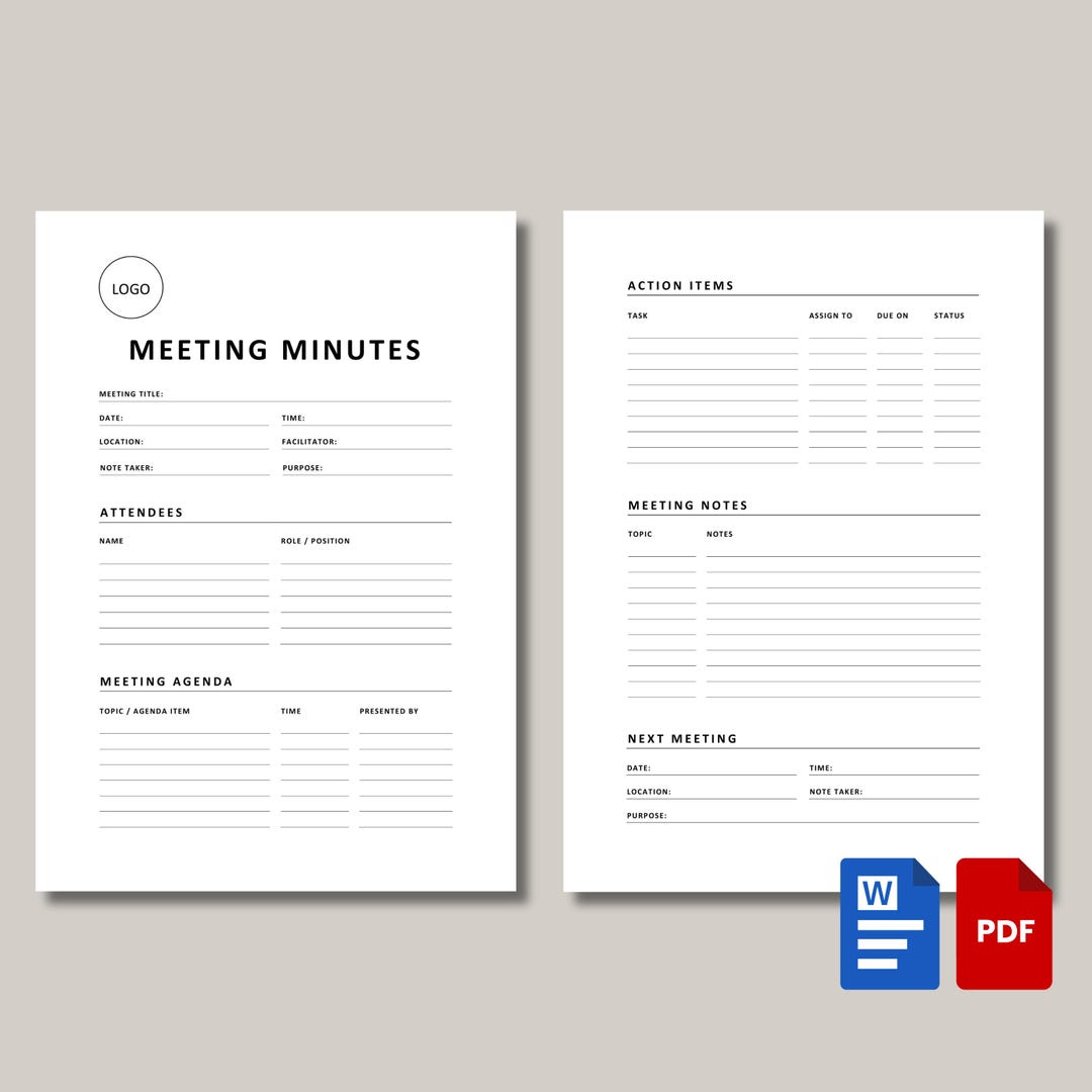 Meeting Minutes Template Word PDF, Printable Meeting Agenda & Notes, 2 ...