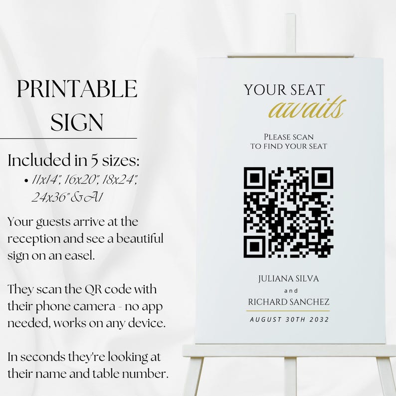 Black White Gold Wedding Seating Chart Digital QR Code Sign, Elegant ...
