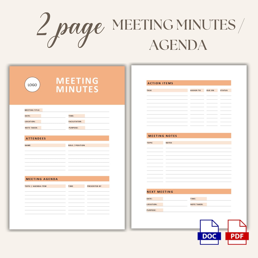 Board Meeting Minutes Template Orange, Formal Printable Meeting Notes ...