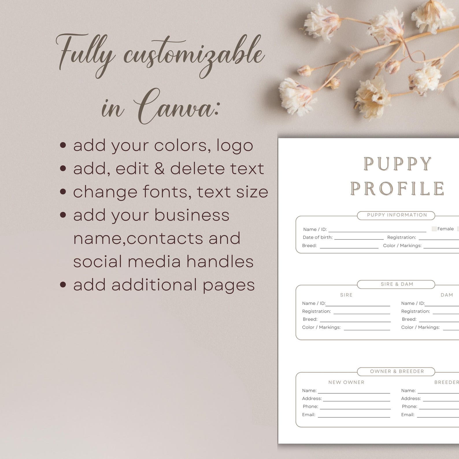 Editable Puppy Profile Template, Dog Breeder Forms Canva, General Info, Sire Dam, Breeder ...