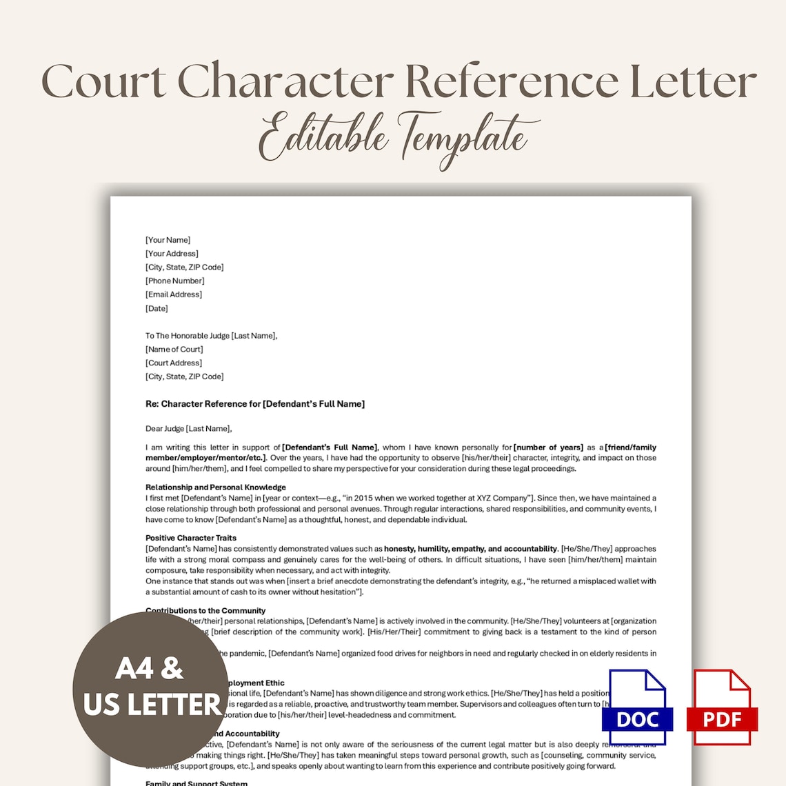 Court Character Reference Letter Template, Editable PDF & Word ...