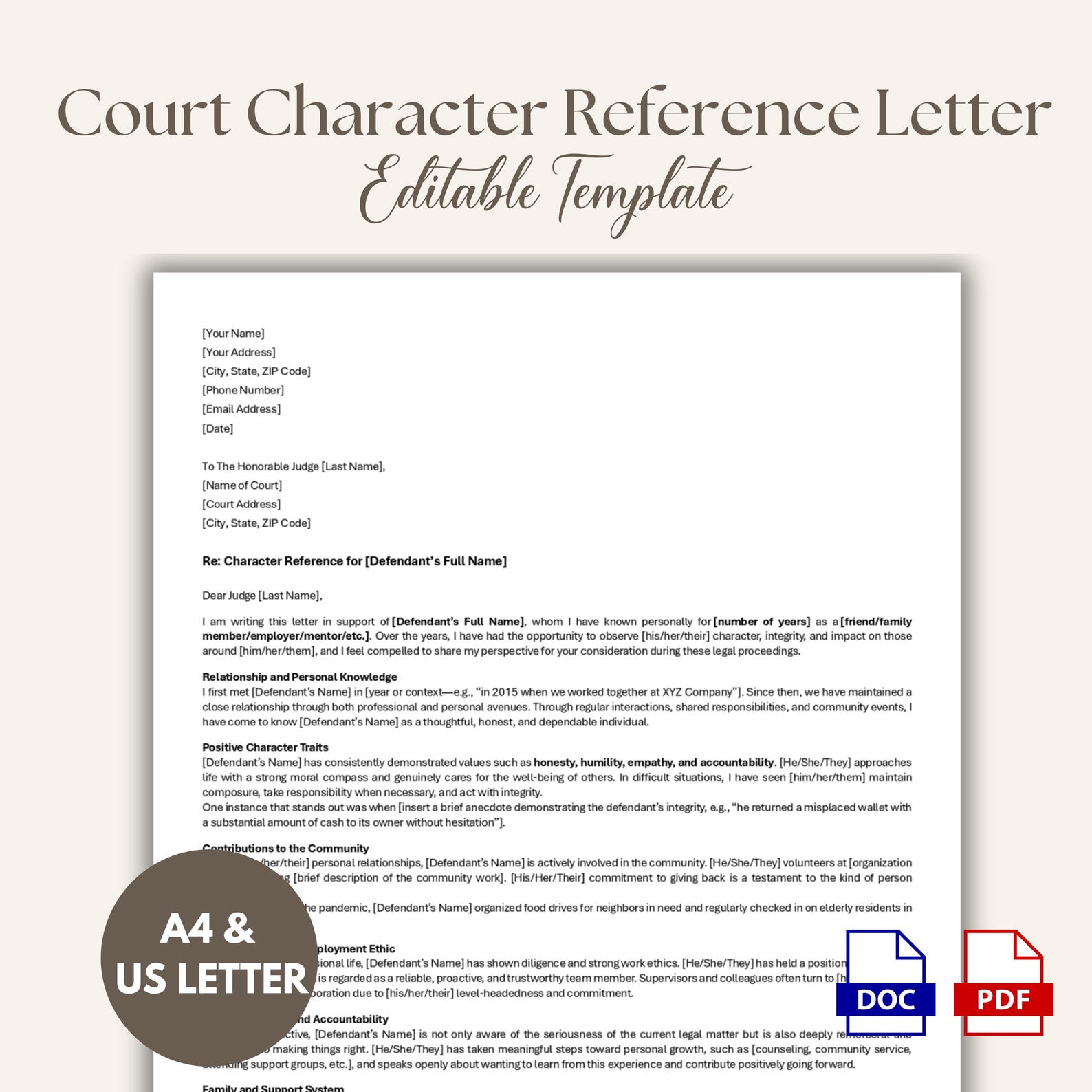Court Character Reference Letter Template, Editable PDF & Word ...