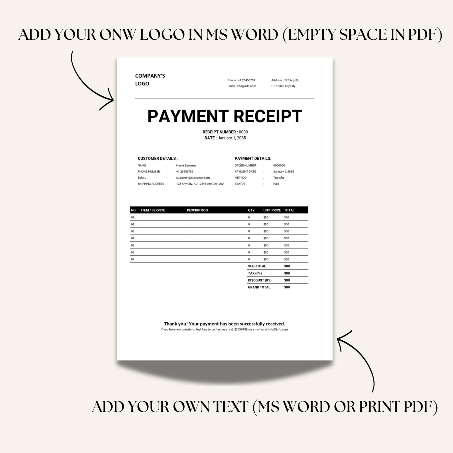 Editable Payment Receipt Template, Printable Rent Cash Payment Receipt ...