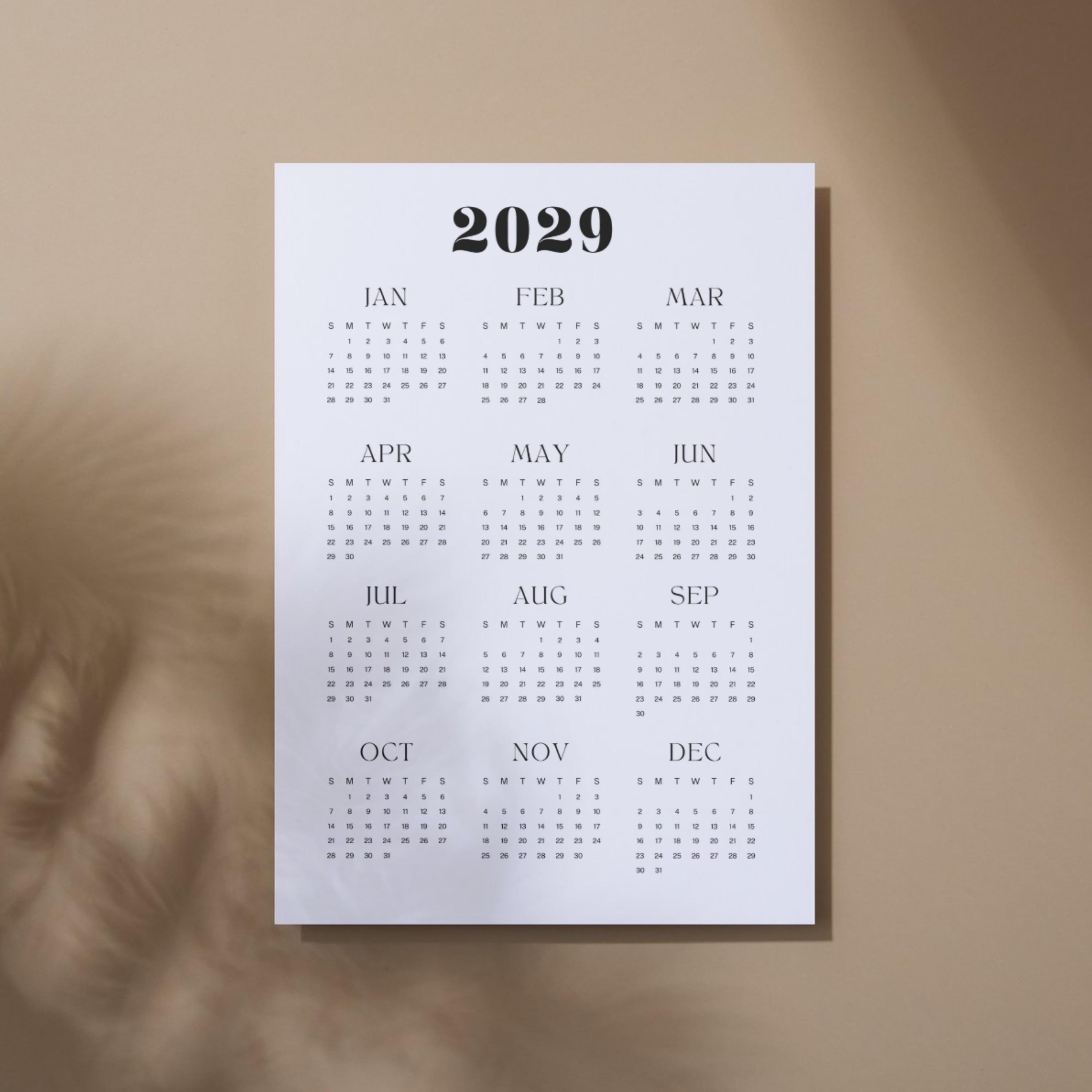 2029 Printable Calendar Minimalist, One Page Yearly Wall Calendar, A4 ...