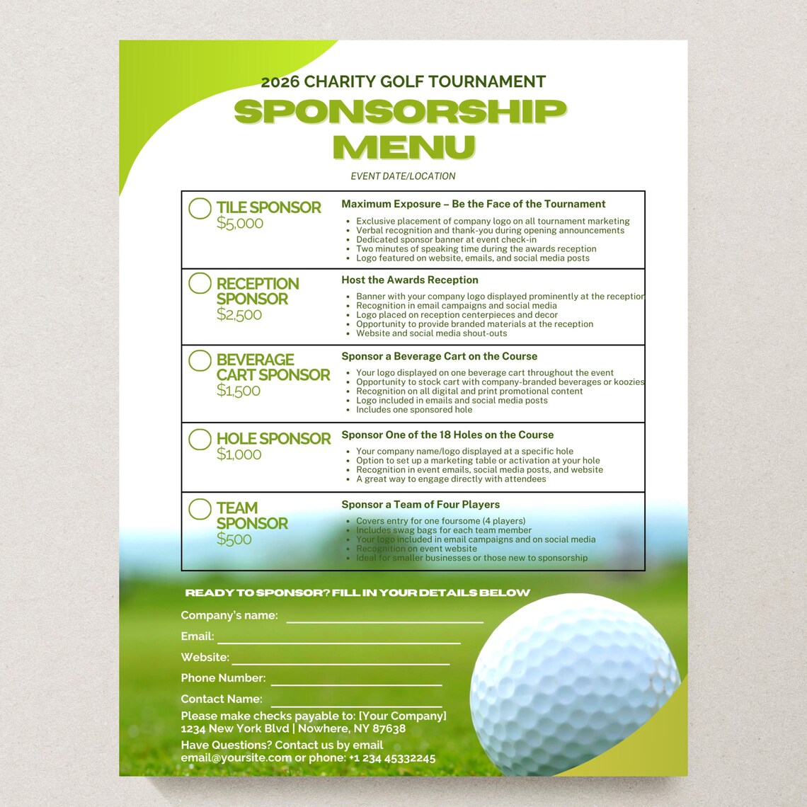 Golf Event Sponsorship Form Canva Template, Editable Fundraiser Sponsor ...