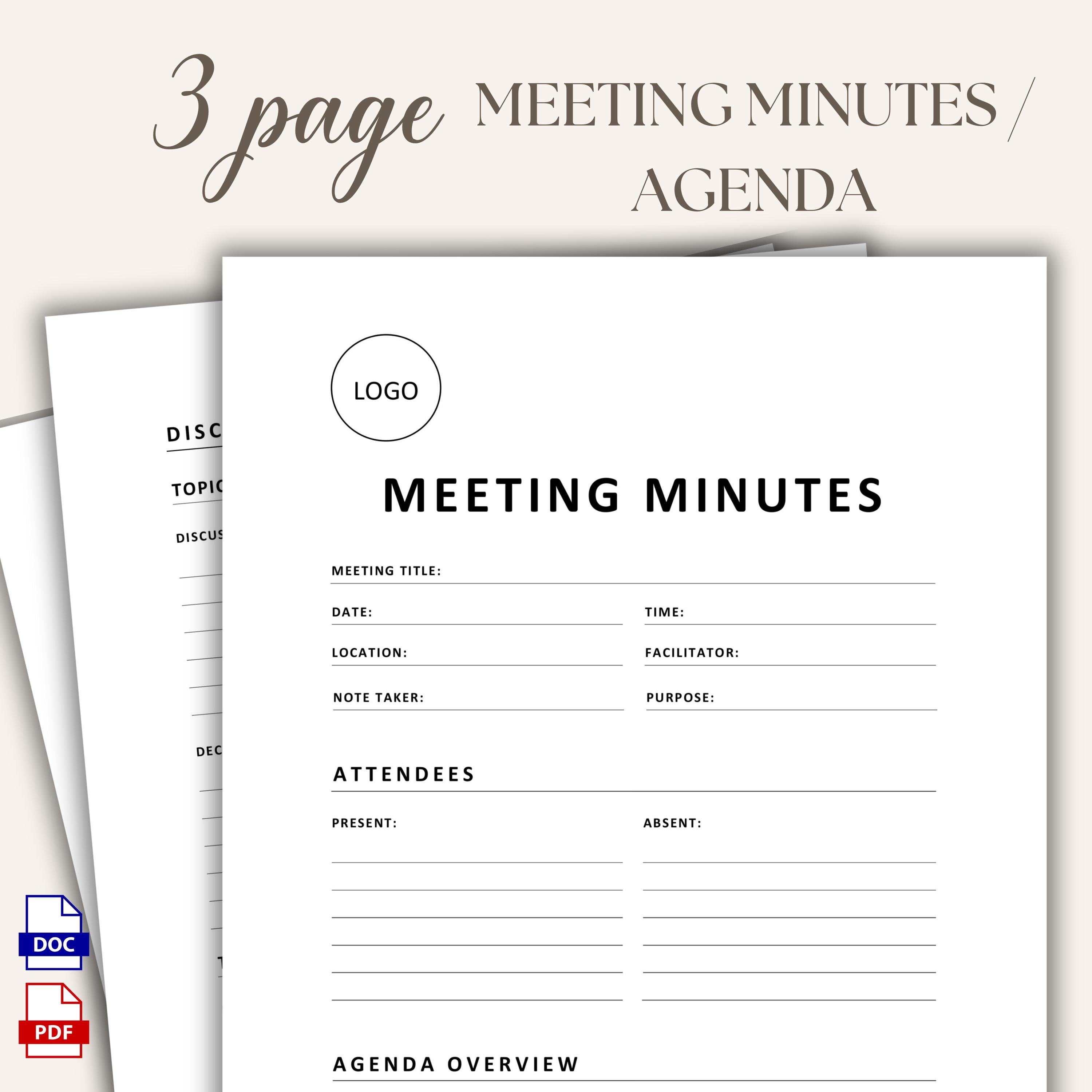 Printable Meeting Minutes Template, Business Notes Format Simple ...
