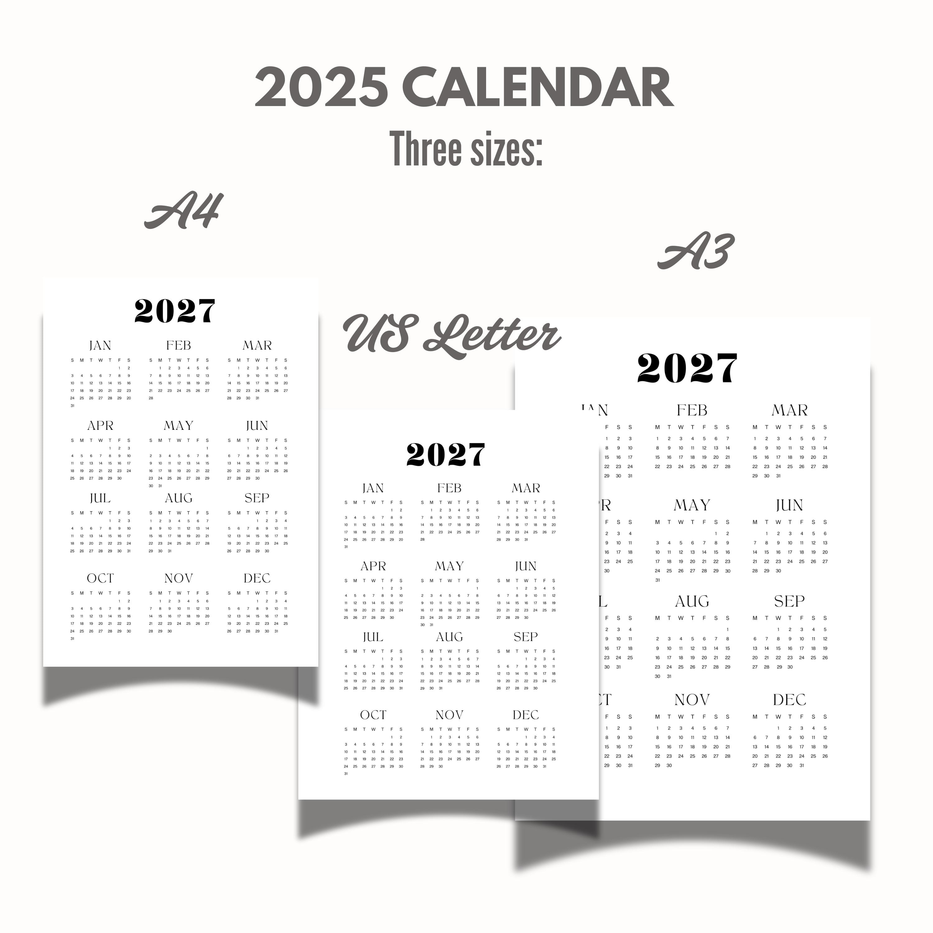 2027 Printable Calendar Minimalist, One Page Yearly Wall Calendar, A4 ...