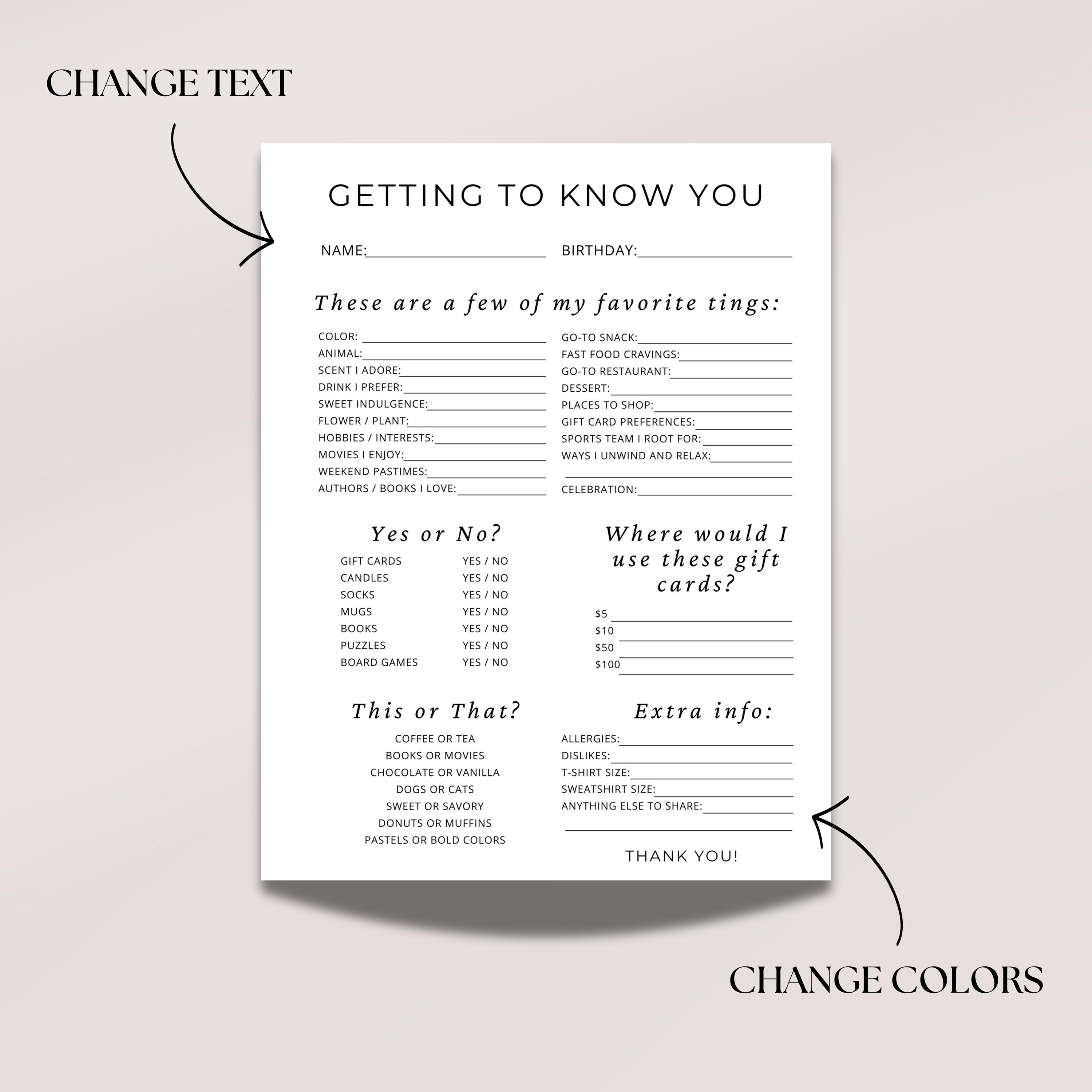 Editable All About Me Survey Printable, Employee Favorites ...