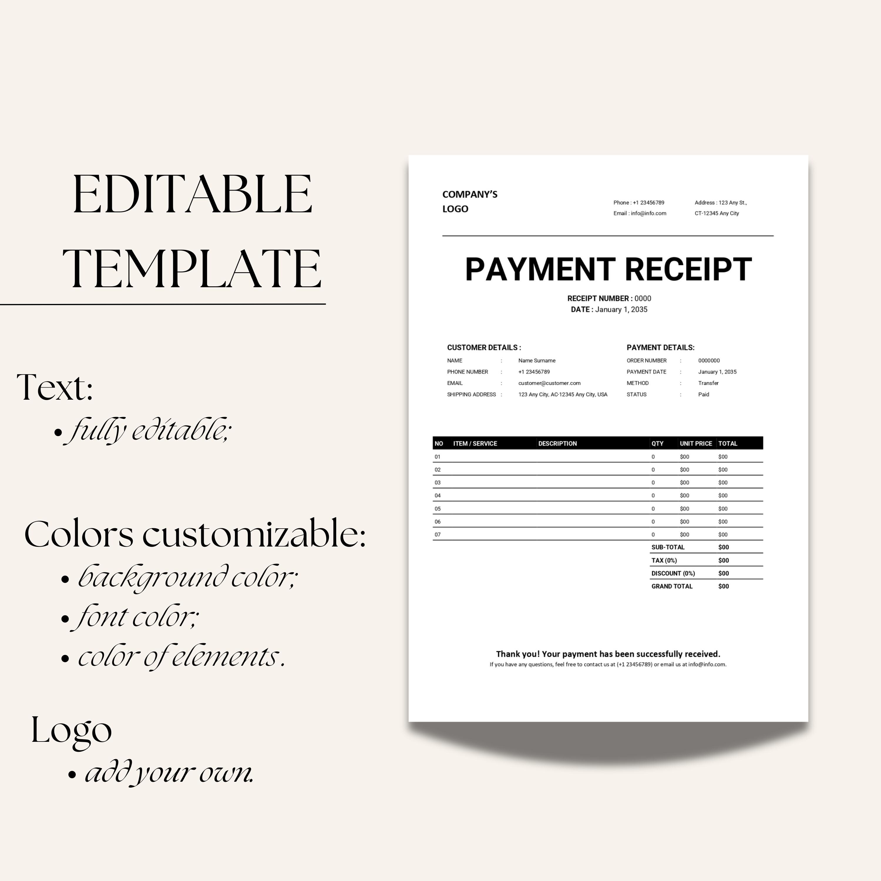 Editable Payment Receipt Template, Printable Rent Cash Payment Receipt ...