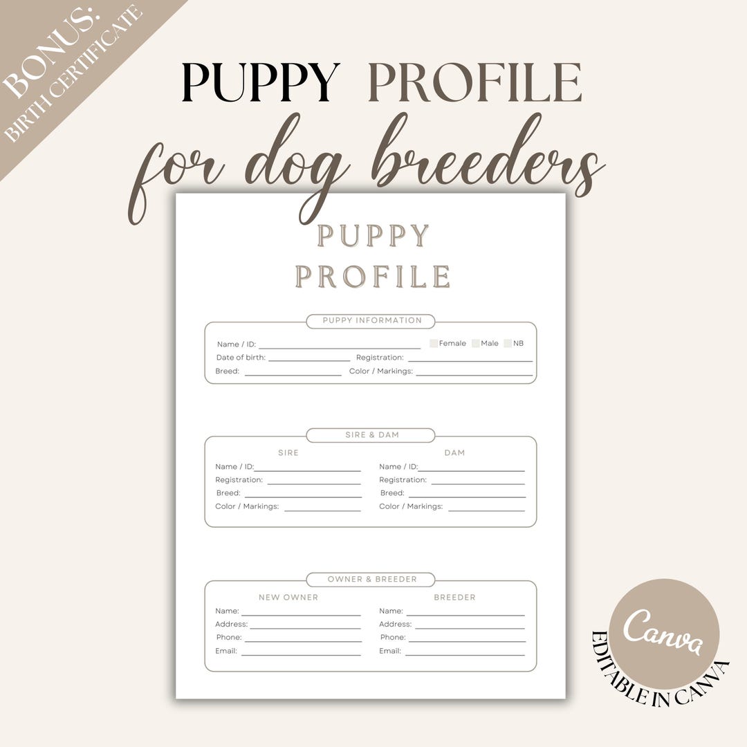 Editable Puppy Profile Template, Dog Breeder Forms Canva, General Info ...